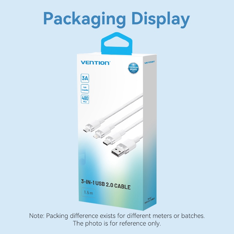 Cable USB-A 2.0 3 en 1 USB-C/Lightning/USB-B / Macho / 3A / 1.5M / Negro CTPBG Vention