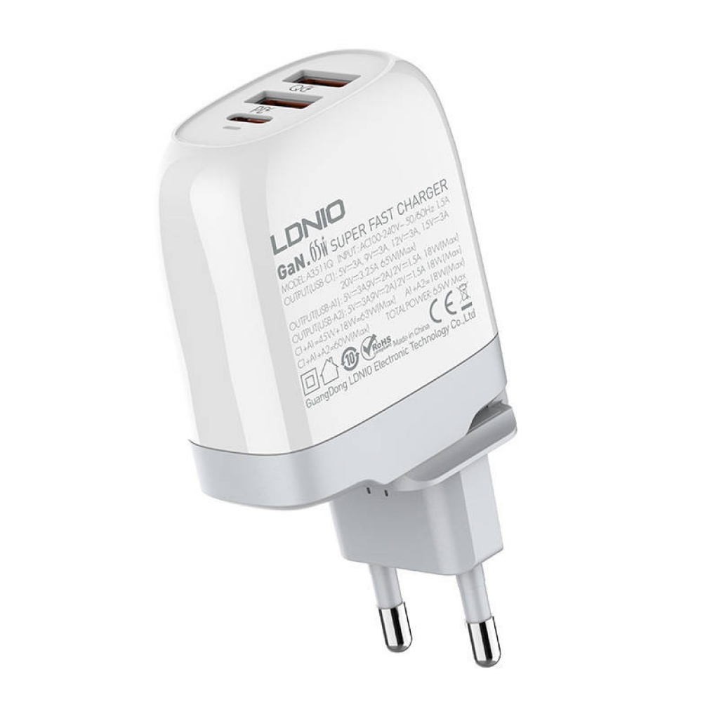 Cargador Pared A3511Q Tipo C 65W GaN PD+Q3.0+USB Blanco LDNIO