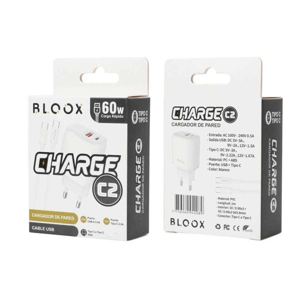 Cargador BLOOX A+C 3A Cable Tipo C a Tipo C 60W (BL-TCA-C2)