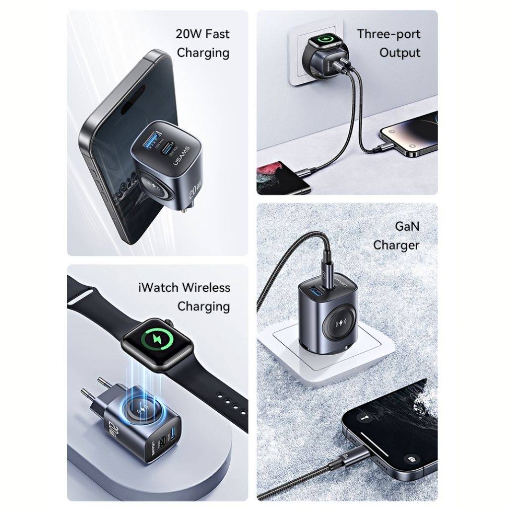 Cargador Pared T67 20W USB A + USB C + Inalámbrico iWatch Negro CC293 USAMS